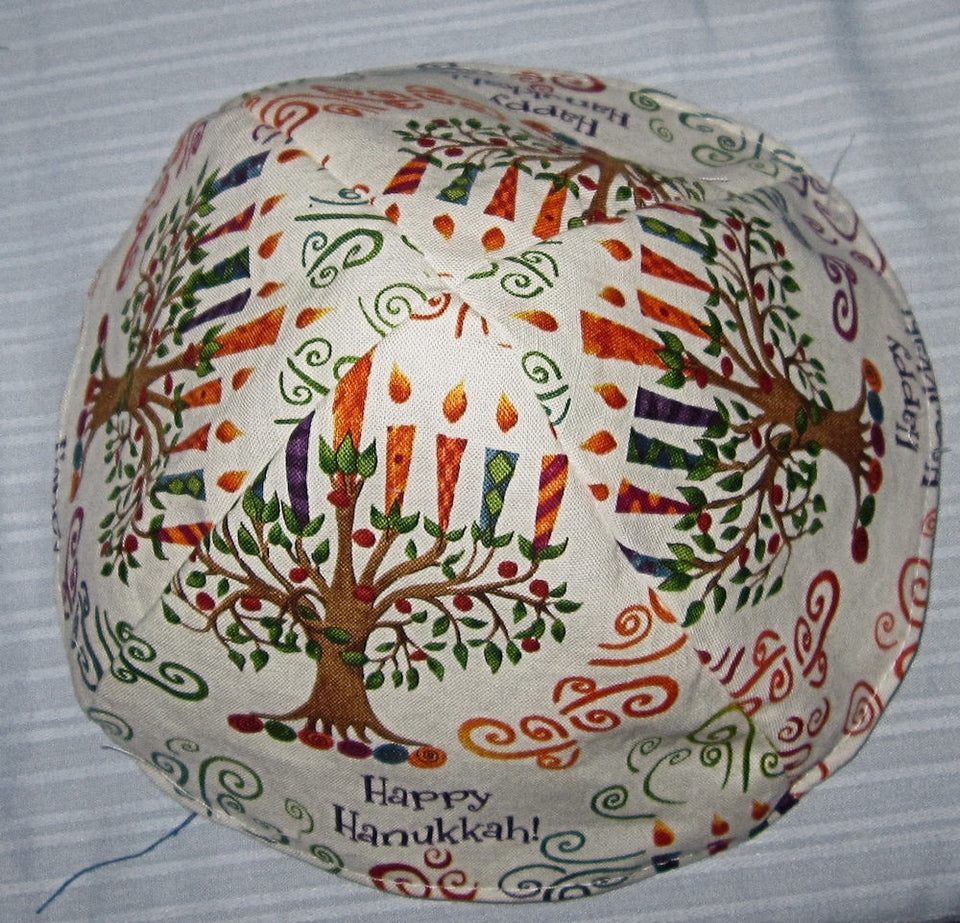 Chanukah Judaica kippahs Hanukkah yarmulkes many patterns of Menorahs