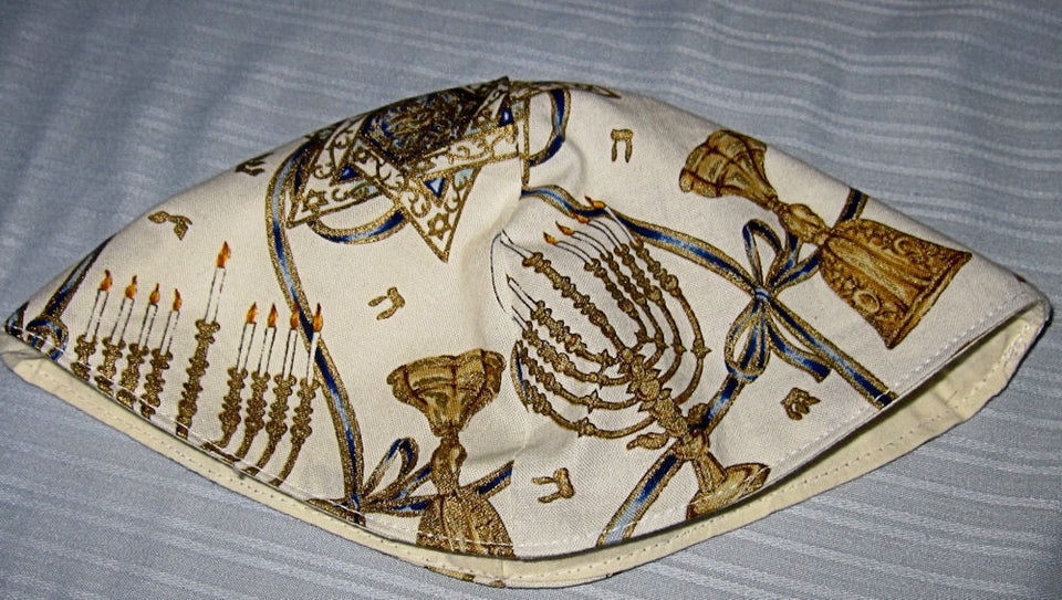 Chanukah Judaica kippahs Hanukkah yarmulkes many patterns of Menorahs