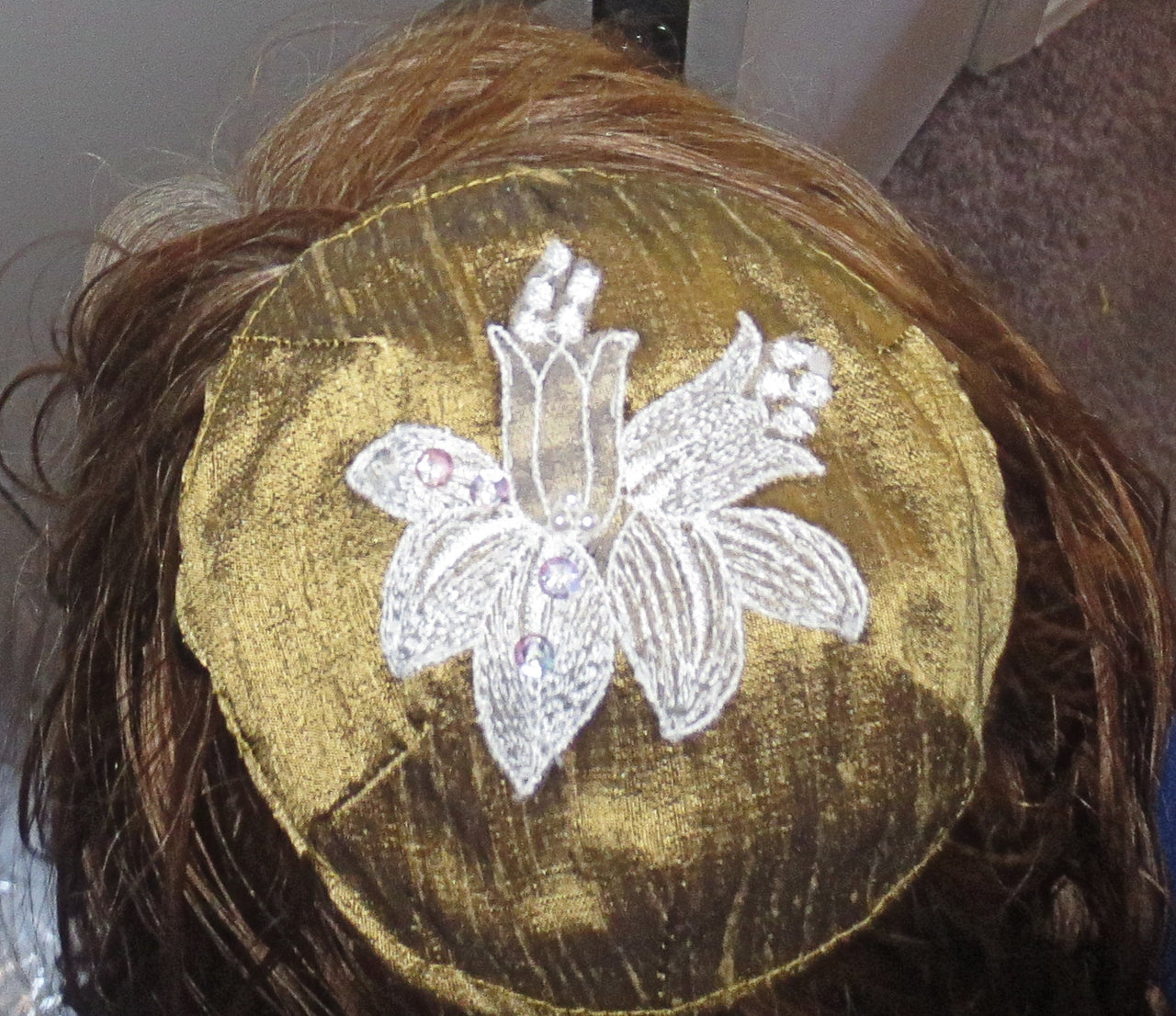 Silk small kippah lace flower